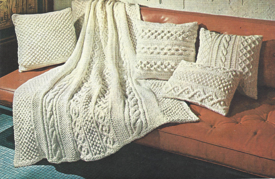 Vintage Aran Afghan Throw and Four Aran Cushion Covers Knitting Pattern ...