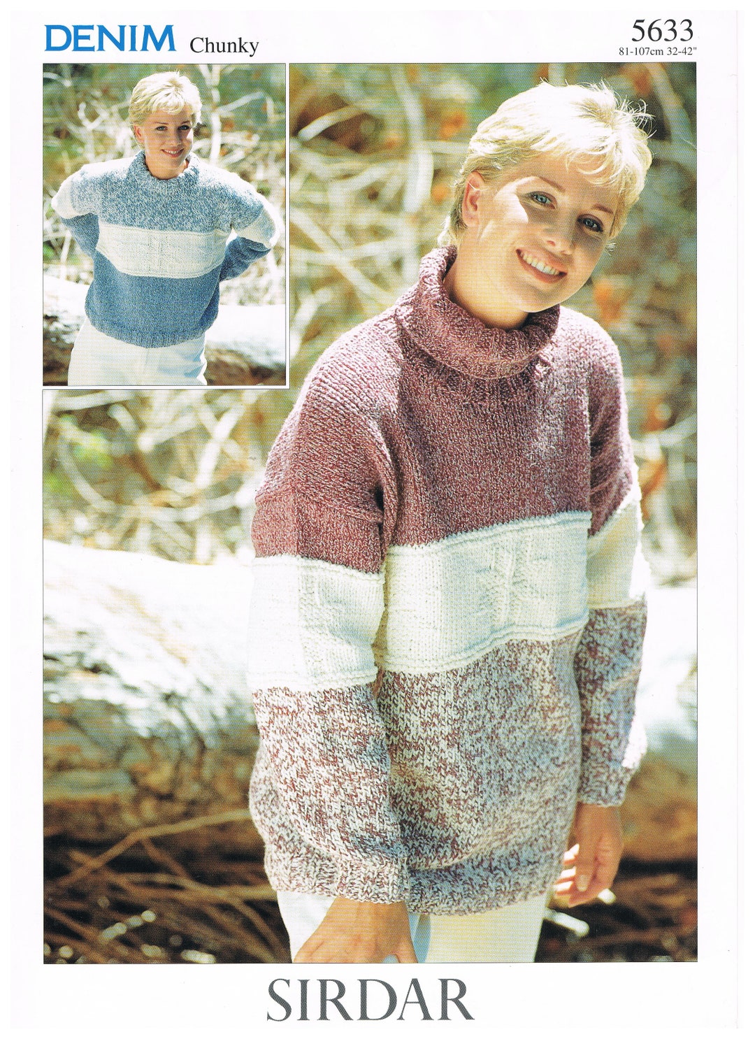 Sirdar Denim Chunky Polo Neck Sweater Jumper Knitting Pattern to Fit 32 ...