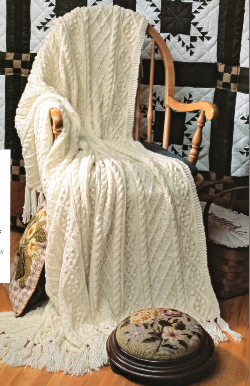 Vintage Traditional Aran Throw With Tassels Knitting Pattern Size 55x60 ...