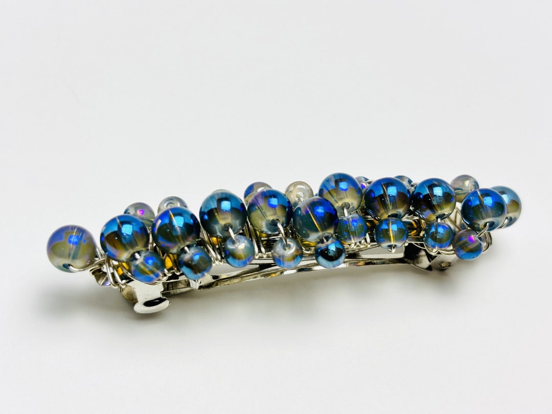 Barrette-sapphire Elegance: Hand-beaded Blue Barrette Stylish Hair ...