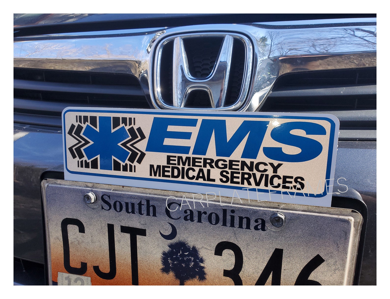 Top Mount EMS License Plate REFLECTIVE METAL 10"x4" Plate Frame Topper ...