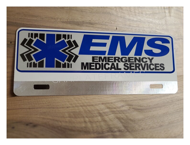 Top Mount EMS License Plate REFLECTIVE METAL 10"x4" Plate Frame Topper ...