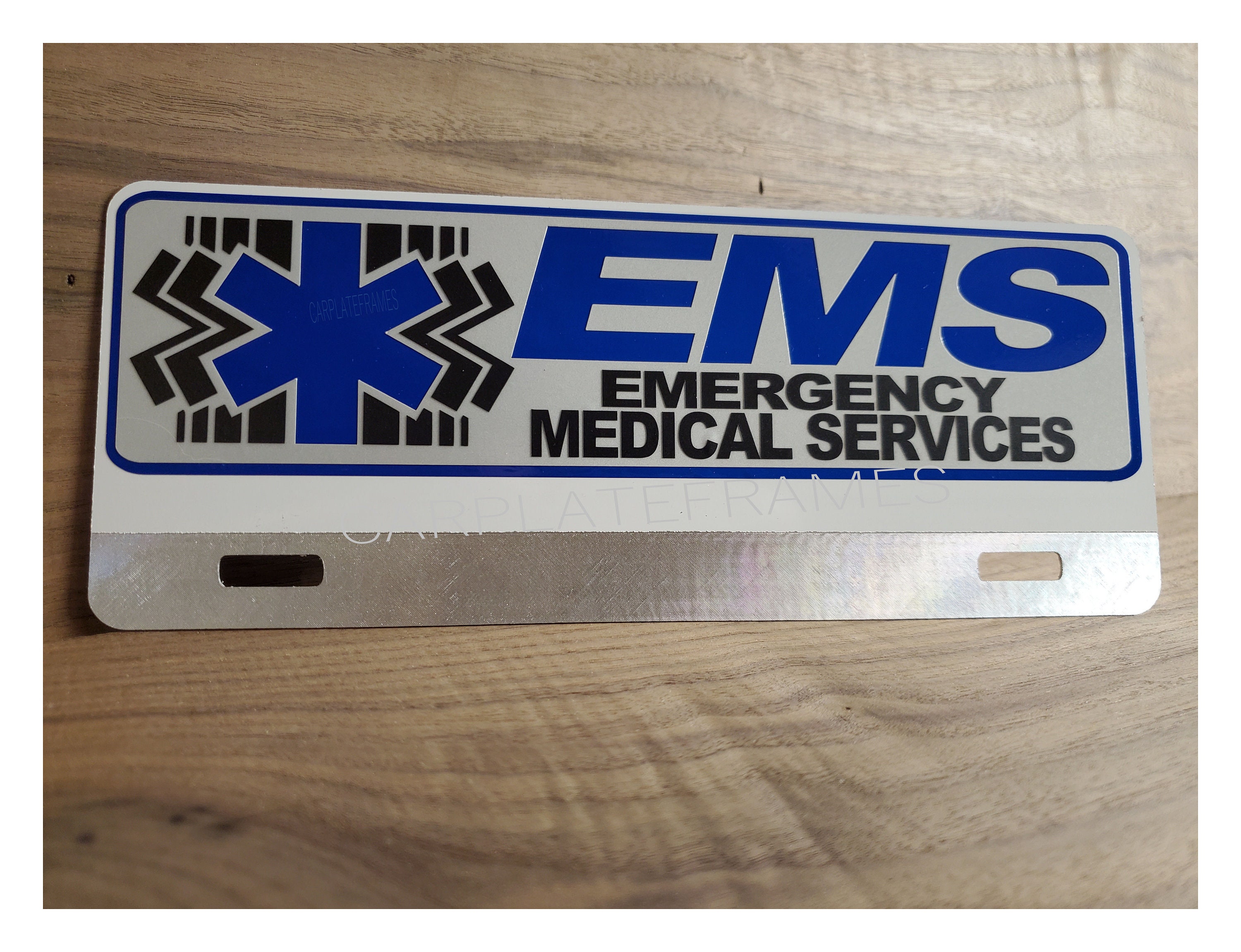 Top Mount EMS License Plate REFLECTIVE METAL 10"x4" Plate Frame Topper ...