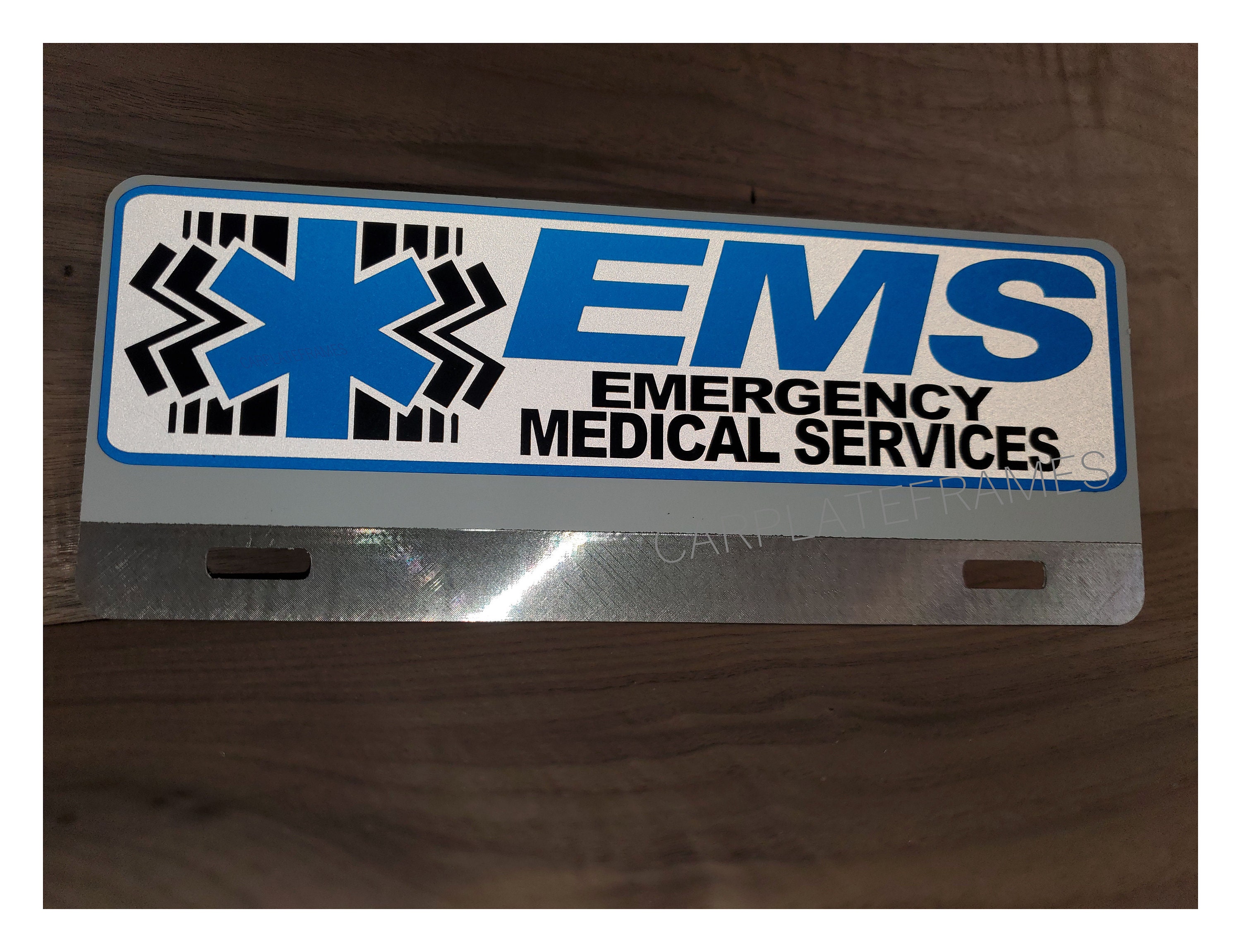 Top Mount EMS License Plate REFLECTIVE METAL 10"x4" Plate Frame Topper ...