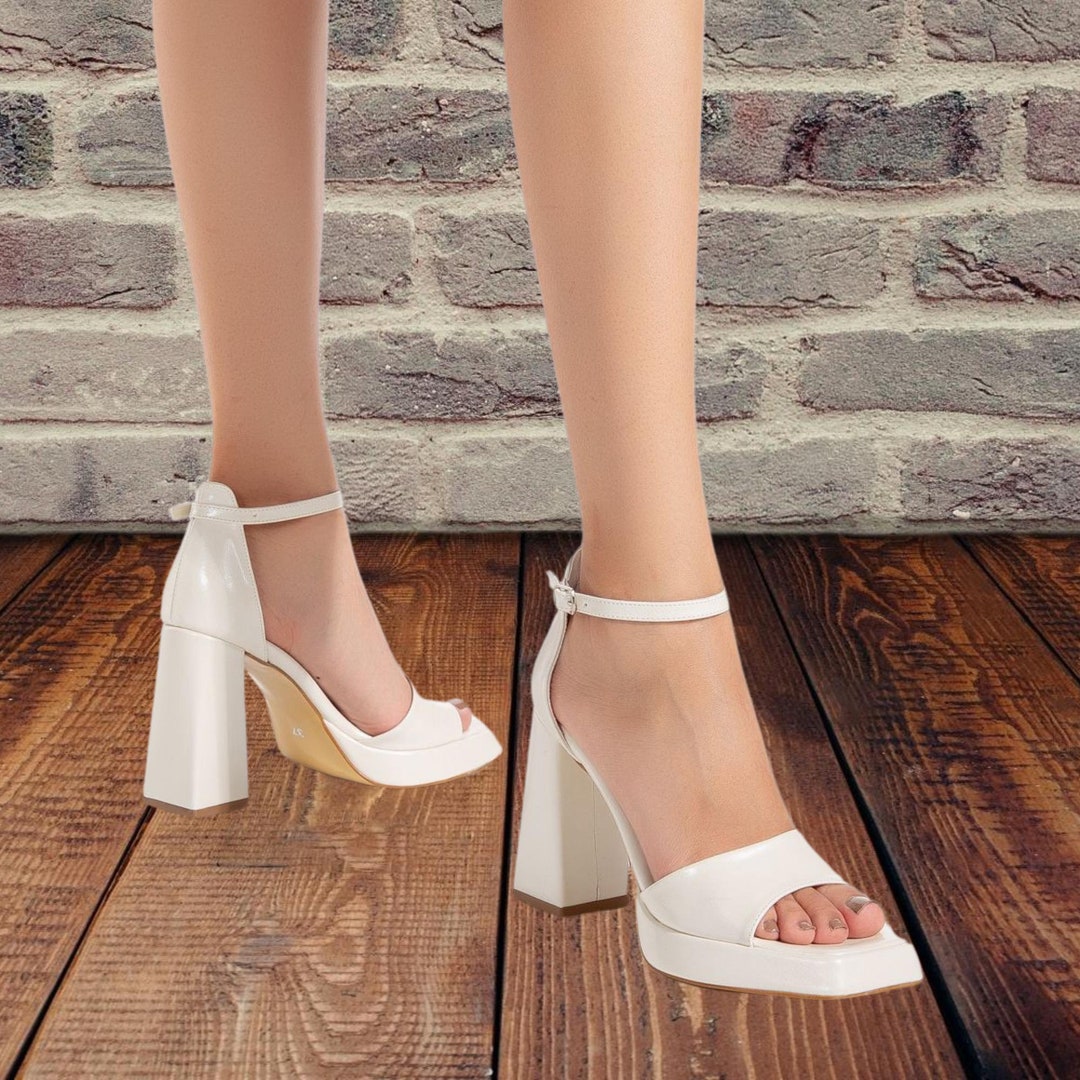 Women’s Pearl-colored Block Heel Platform Wedding Shoes - Bridal and ...