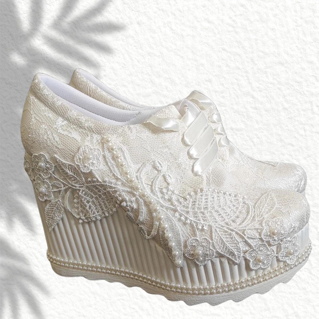 Lace Bridal Platform Sneakers: Embroidered Wedding Wedge Shoes, Bride ...
