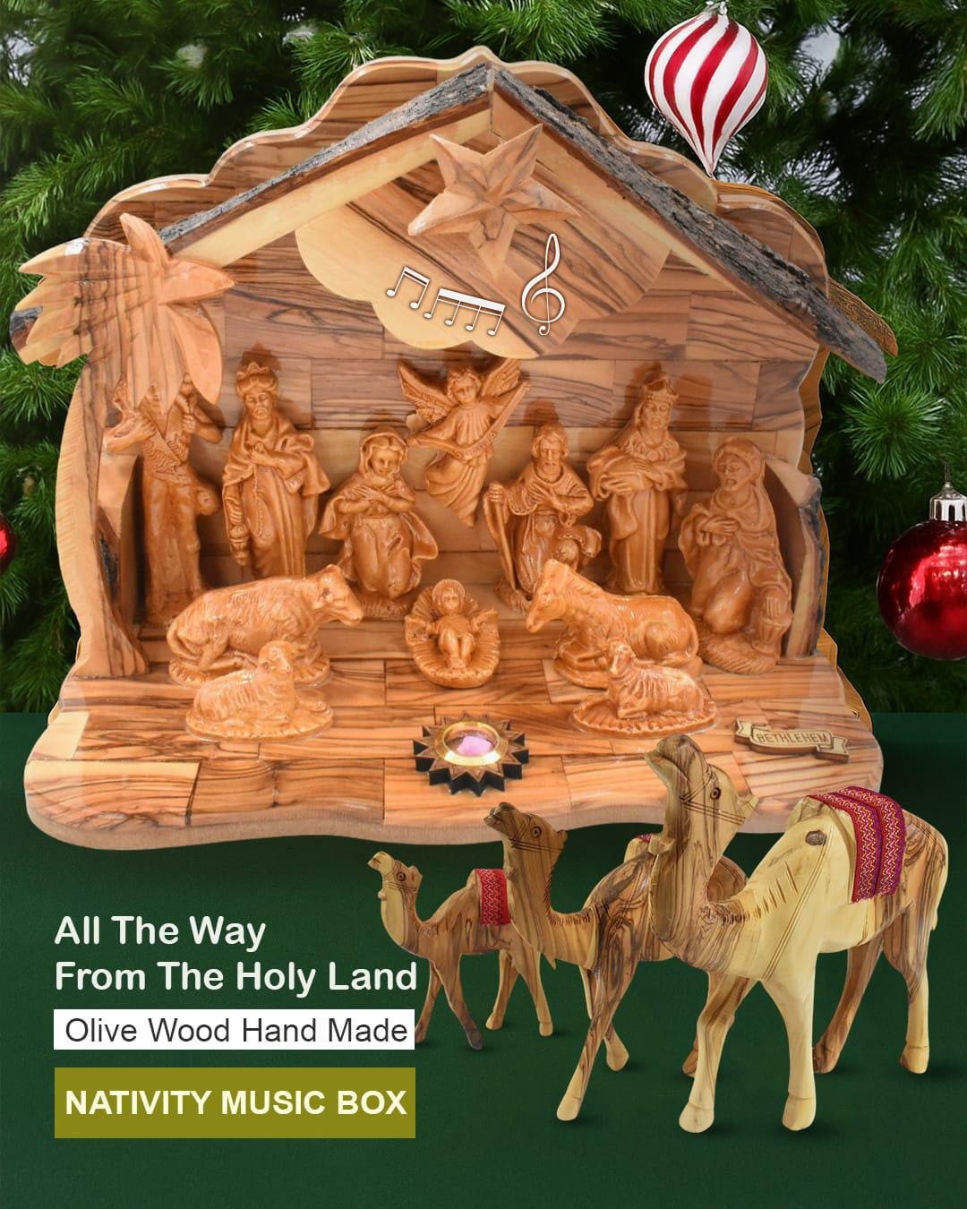 Olive Wood Nativity Set With Holy Land Stones & Music Box - Etsy