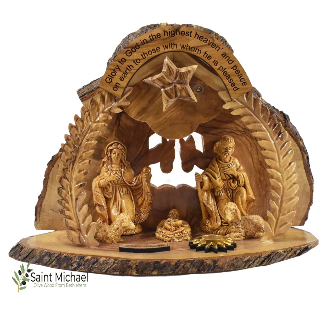 Unique Bethlehem Nativity Set With Bark Roof - Holy Land Olive Wood ...