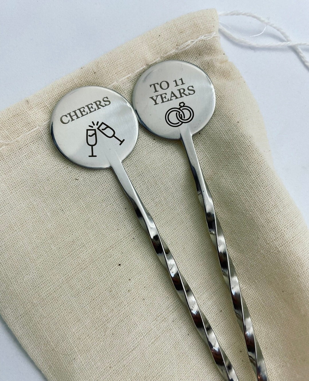 ANNIVERSARY 11 YEARS Cocktail Stirrer Set of 2 Stainless Steel Mixer ...