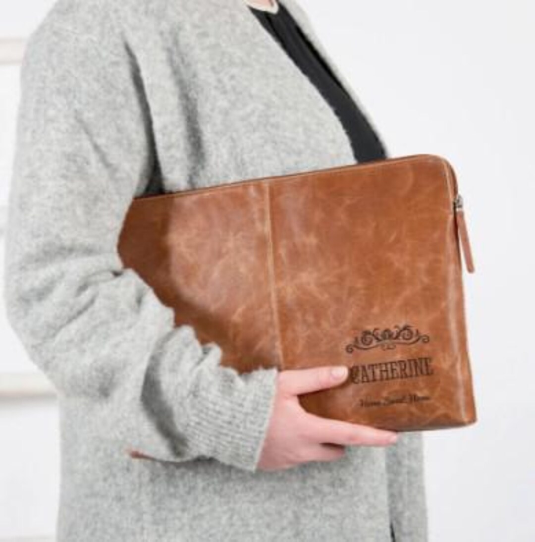 Engraved Leather Laptop Sleeve Custom Personalised Travelling Brown ...
