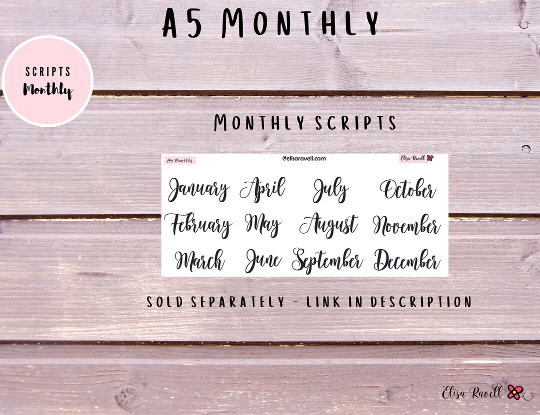 Cursive Monthly Scripts Sticker Sheet for A5 Monthly Planner Stickers ...