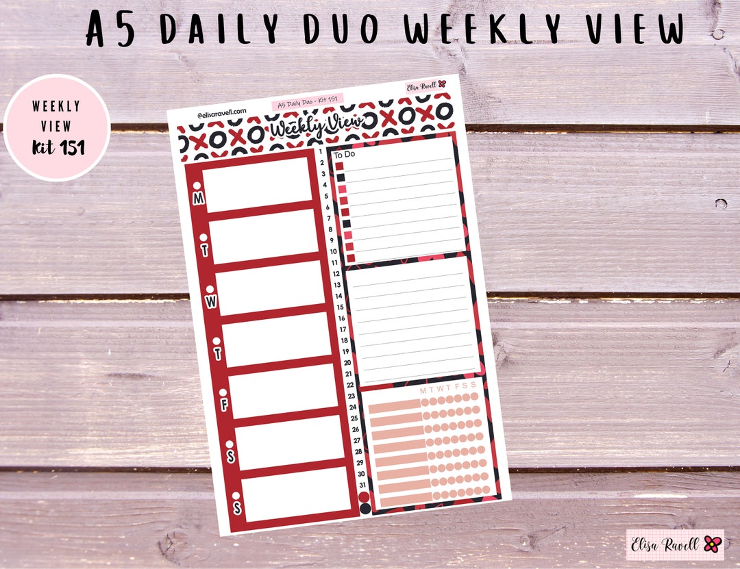 Weekly View Stickers for A5 Daily Duo or Notebooks XOXO Valentines, Kit ...