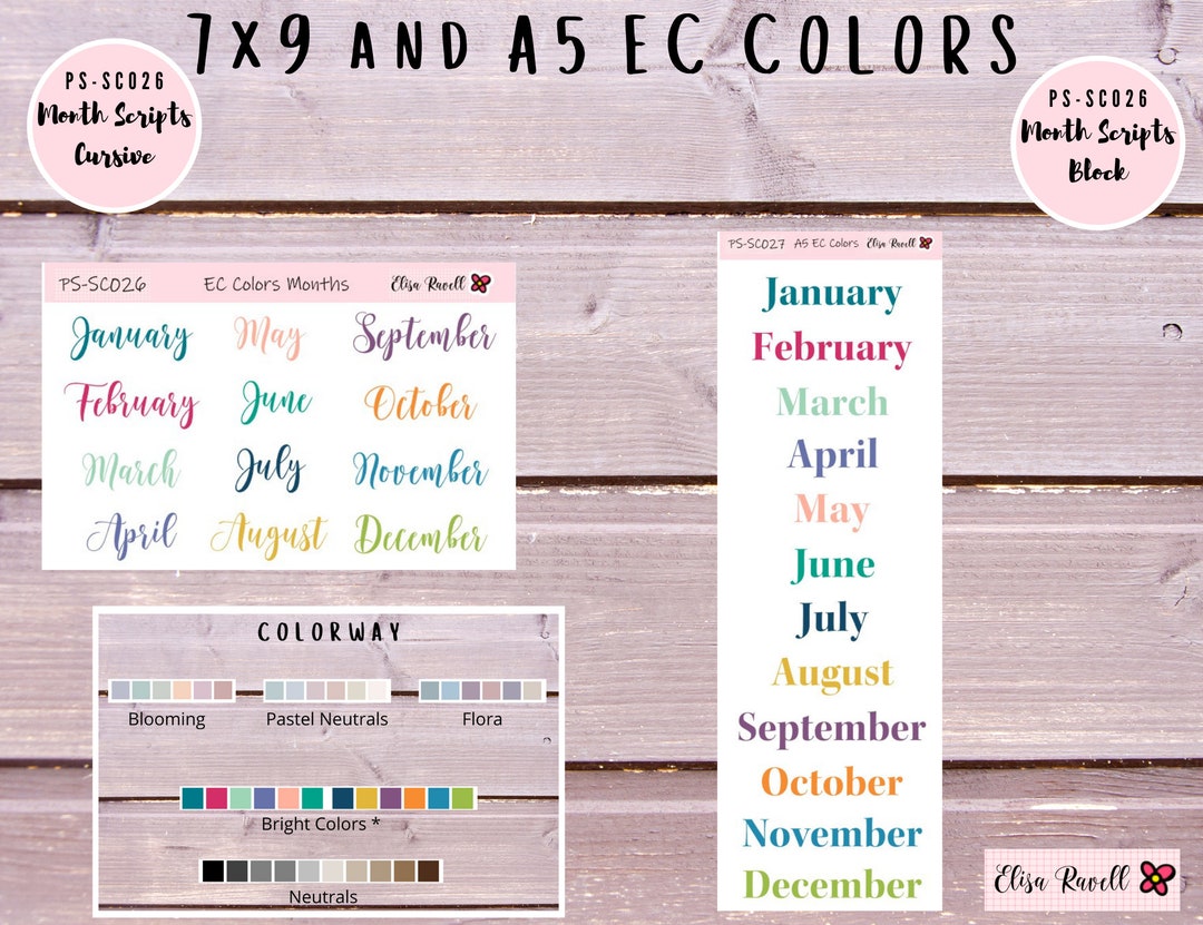 Months Scripts, Erin Condren Colors, Cursive Script, Block Script ...