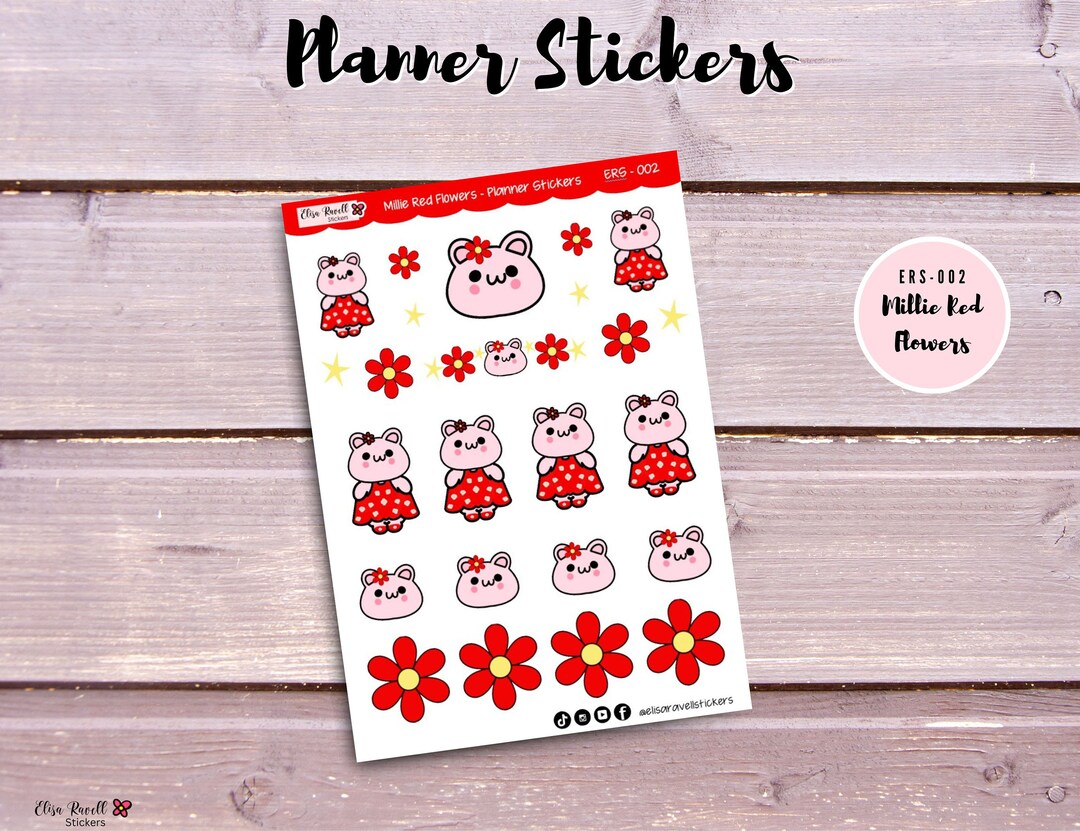Vinyl A6 Kawaii Millie Bear Red Flower Planner Stickers Choose Premium ...