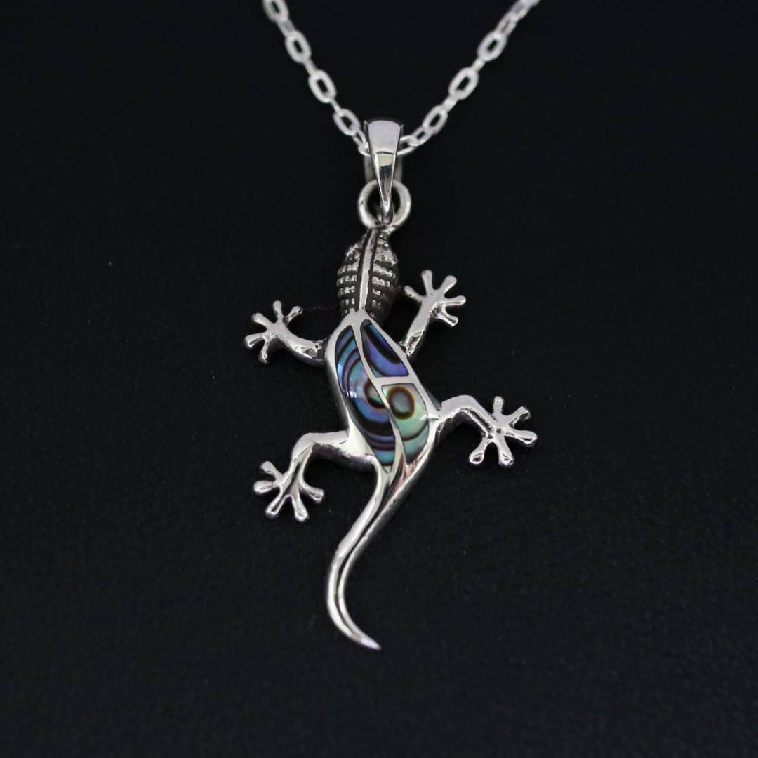 925 Sterling Silver Gecko Pendant Necklace With Abalone or Mother of ...