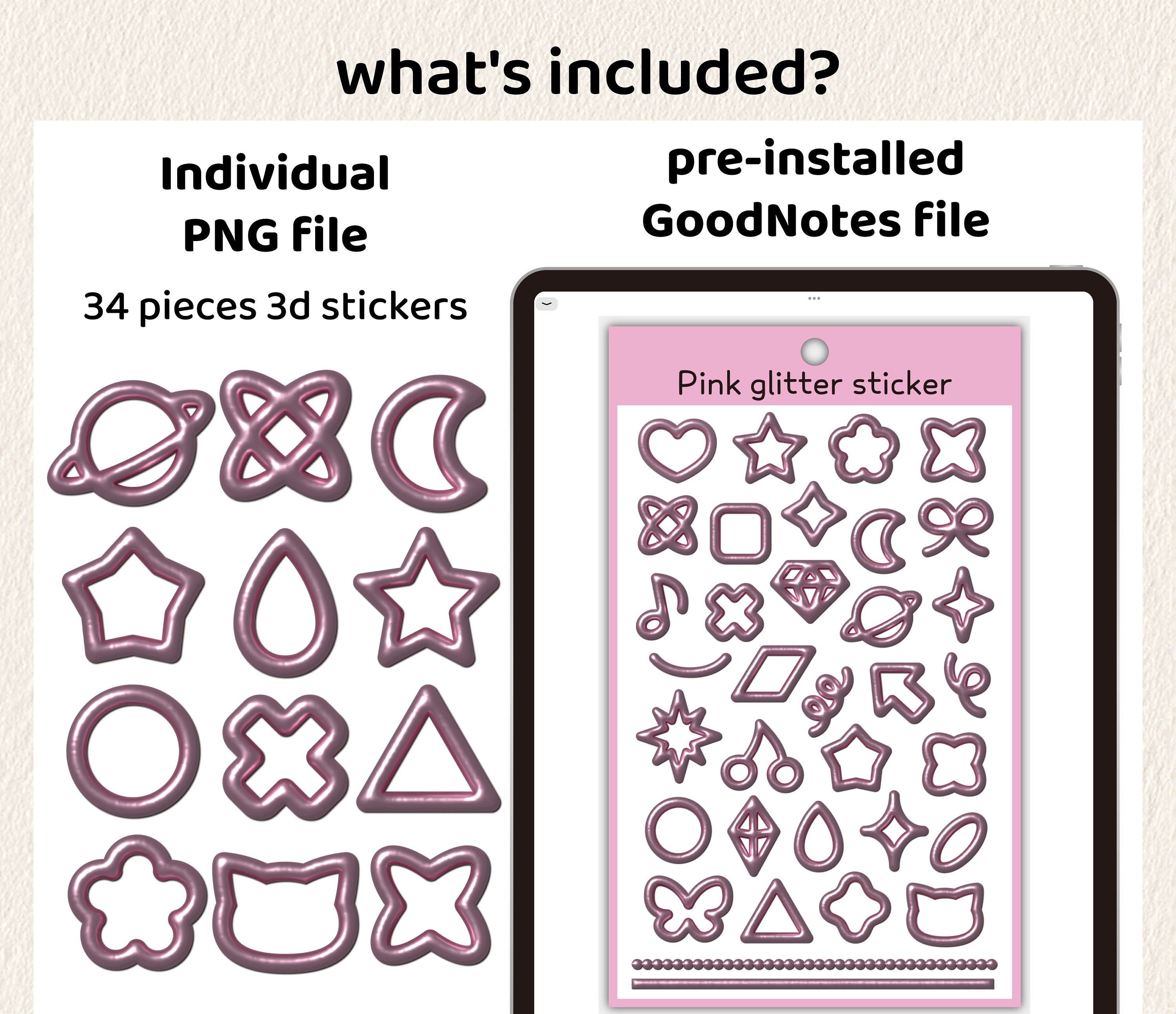 Pink Glitter 3D Digital Sticker, Pre-cut Stickers, Goodnote Planner ...