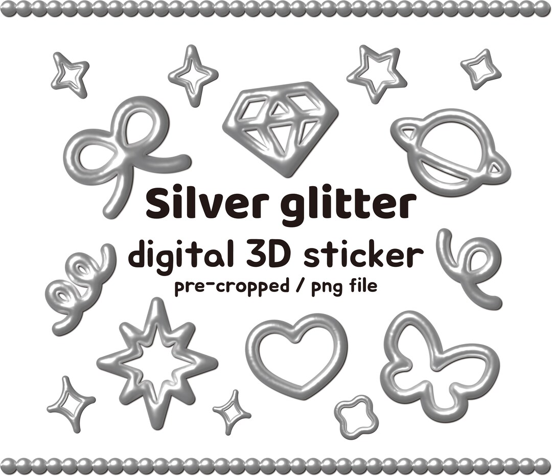Silver Glitter 3D Digital Sticker, Pre-cut Stickers, Goodnote Planner ...