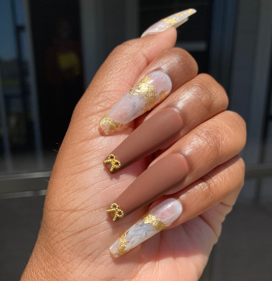 Golden Mocha Press Ons Brown Press Ons Gold Press Ons White Marble ...