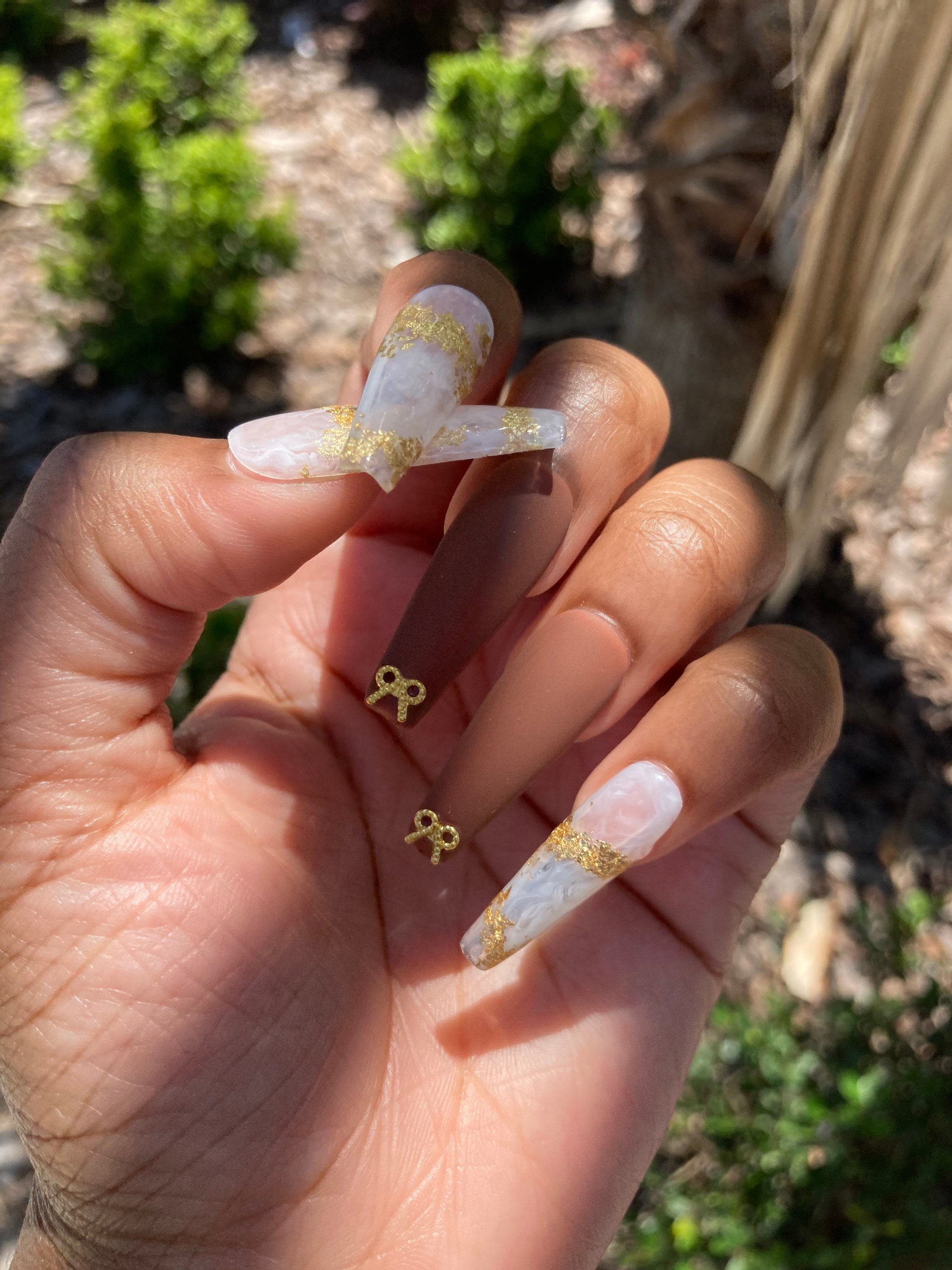 Golden Mocha Press Ons Brown Press Ons Gold Press Ons White Marble ...