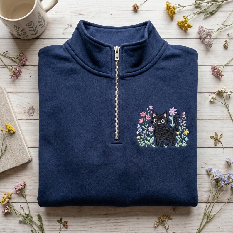 Black Cat in Wildflowers Quarter Zip, Embroidered Floral Cat Pullover ...