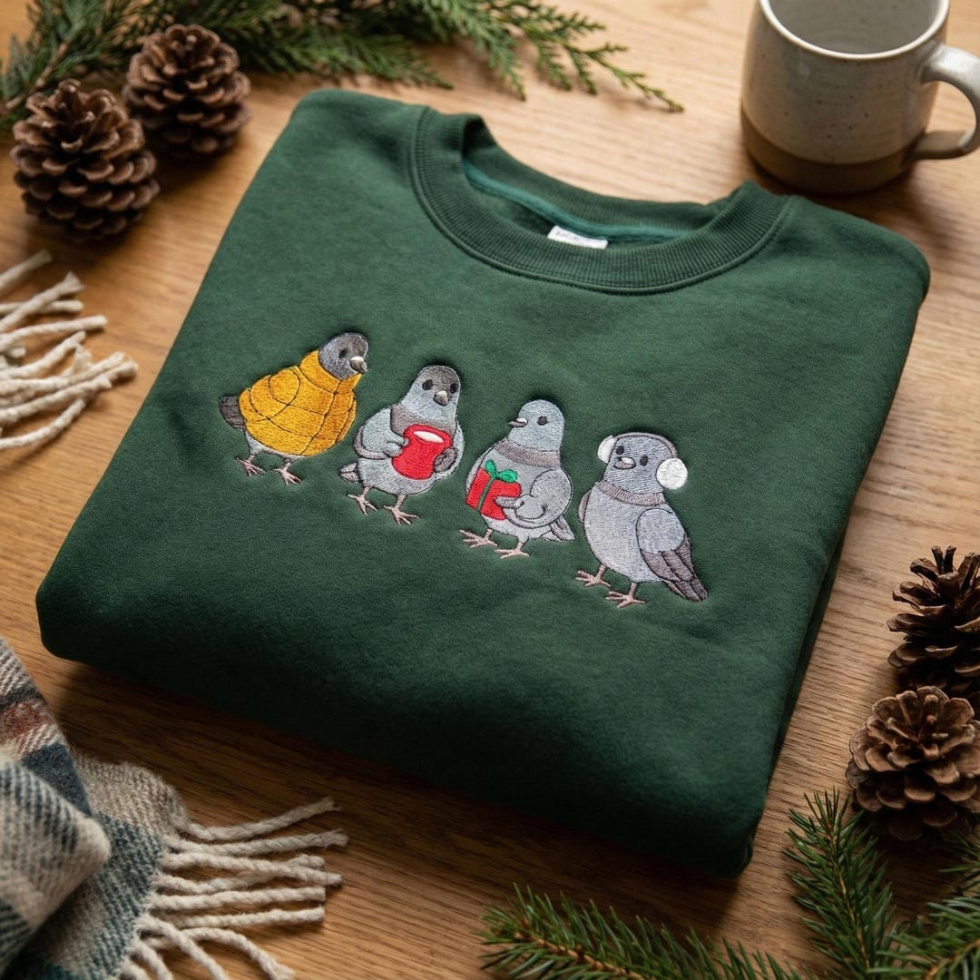 Embroidered Christmas Pigeons Sweatshirt, Funny Winter Bird Sweater ...