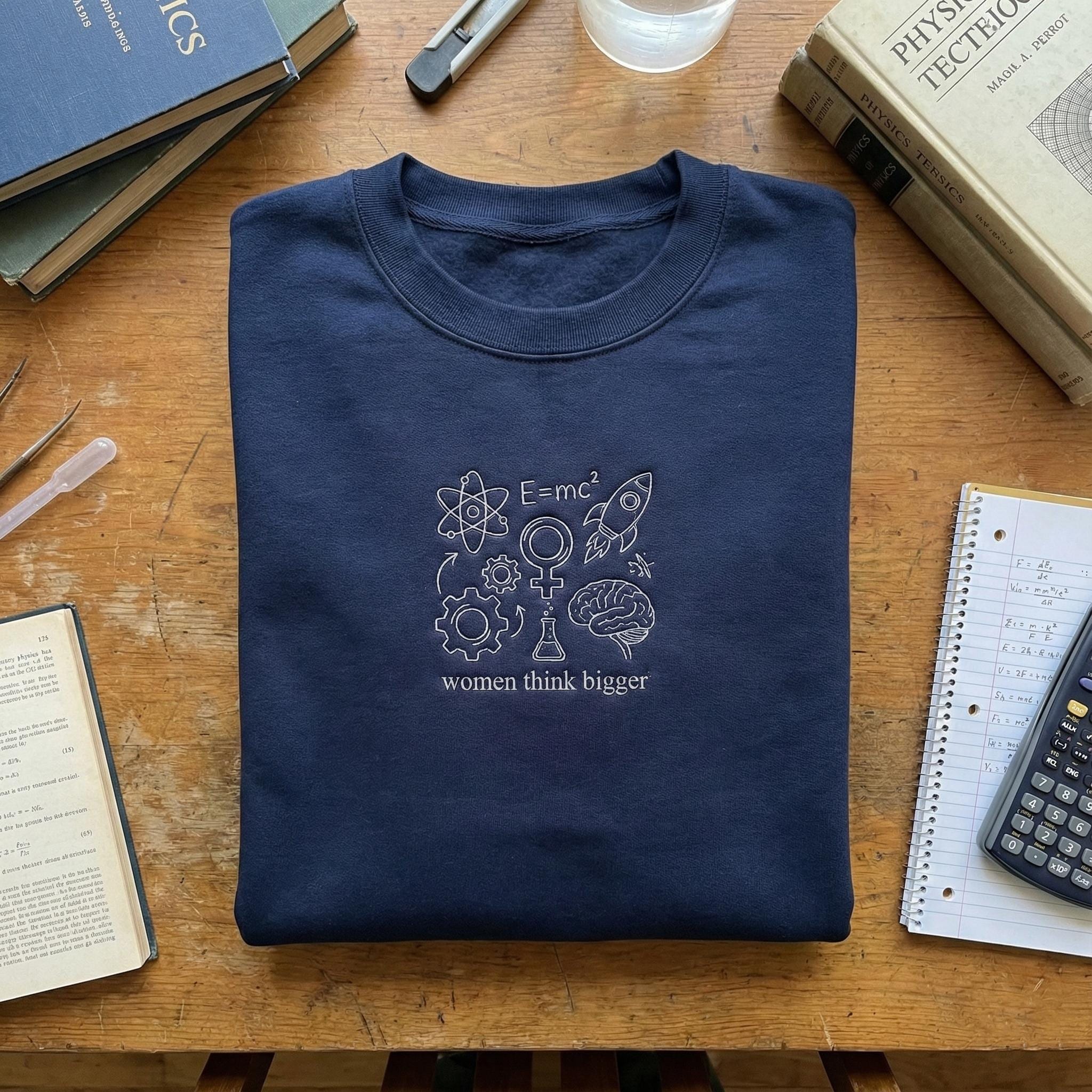 Embroidered Women Think Bigger Science Sweatshirt, E=mc2 Rocket Brain ...