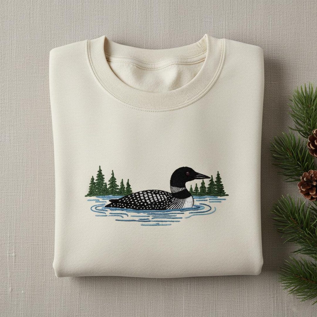 Embroidered Loon Bird Sweatshirt, Pine Tree Lake Crewneck, Wildlife ...