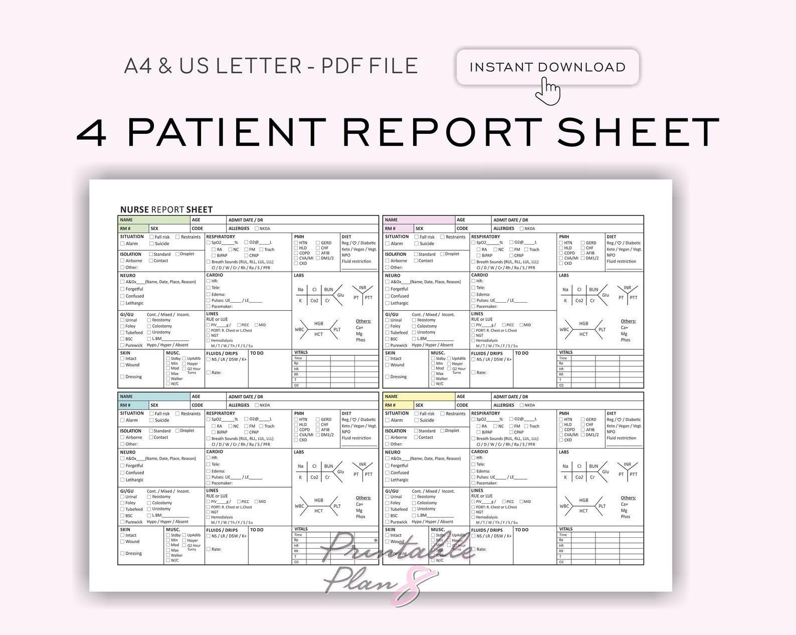 4 Patient Nurse Report Sheet, Med Surg Report Sheet, Multi Patient, ICU ...