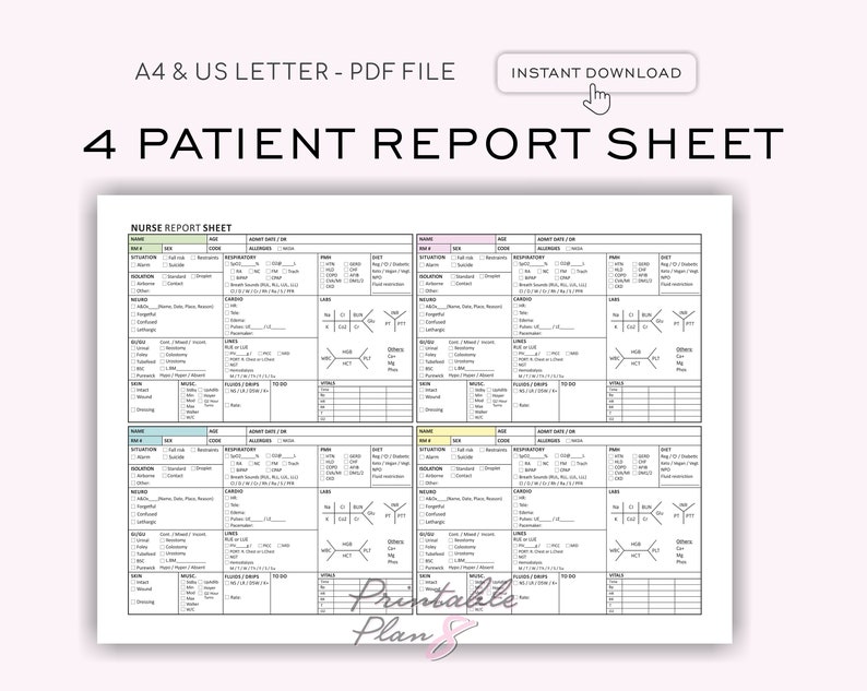 4 Patient Nurse Report Sheet, Med Surg Report Sheet, Multi Patient, ICU ...