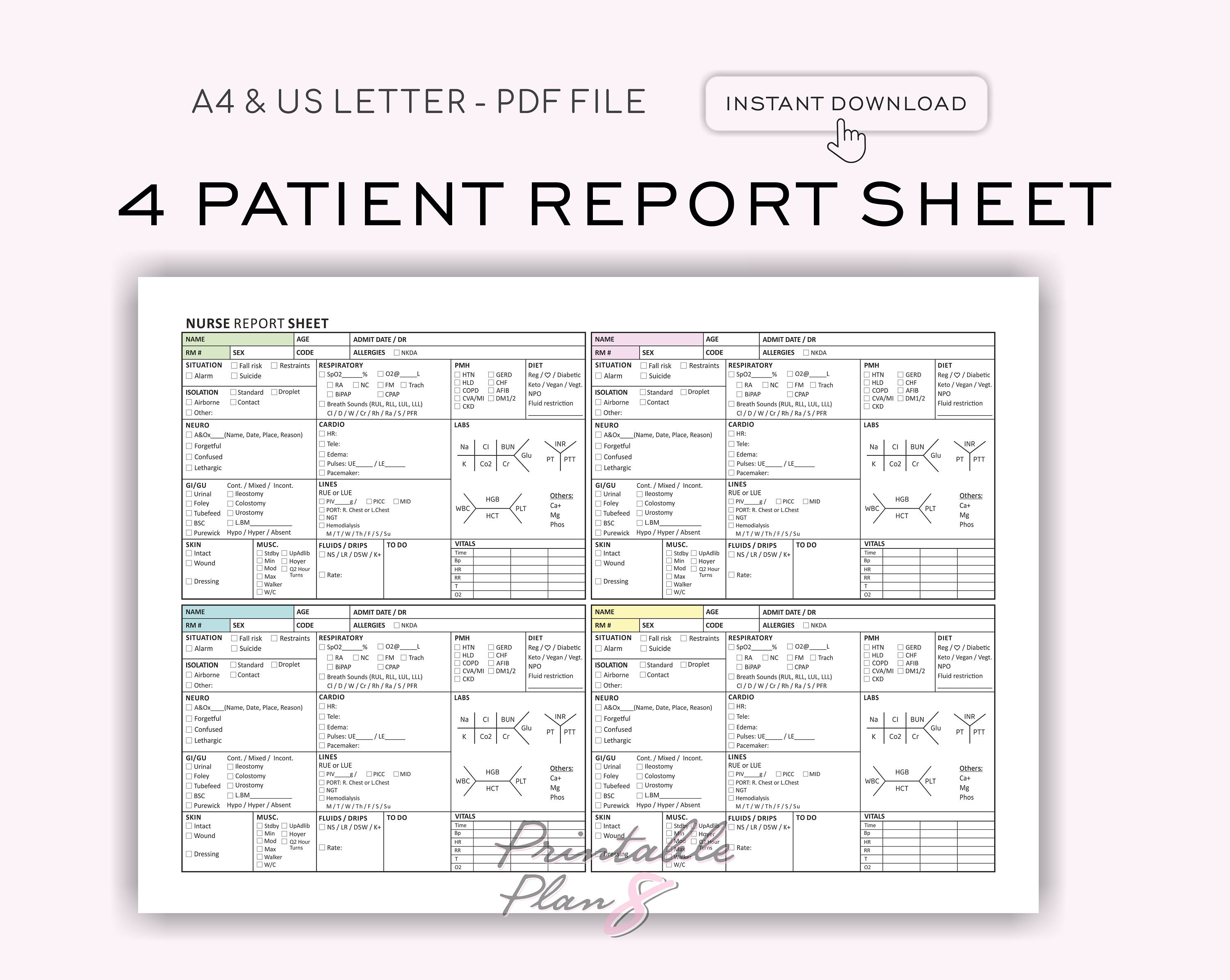 4 Patient Nurse Report Sheet, Med Surg Report Sheet, Multi Patient, ICU ...