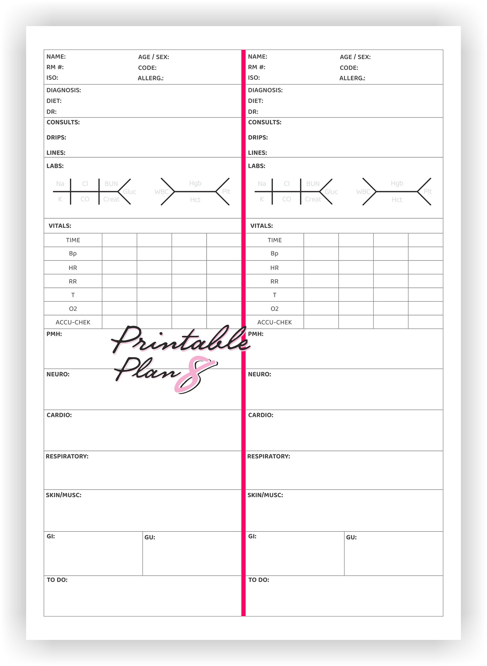 2 or 4 Patient Nurse Report Sheet, Multi Patient Nursing Report Sheet ...