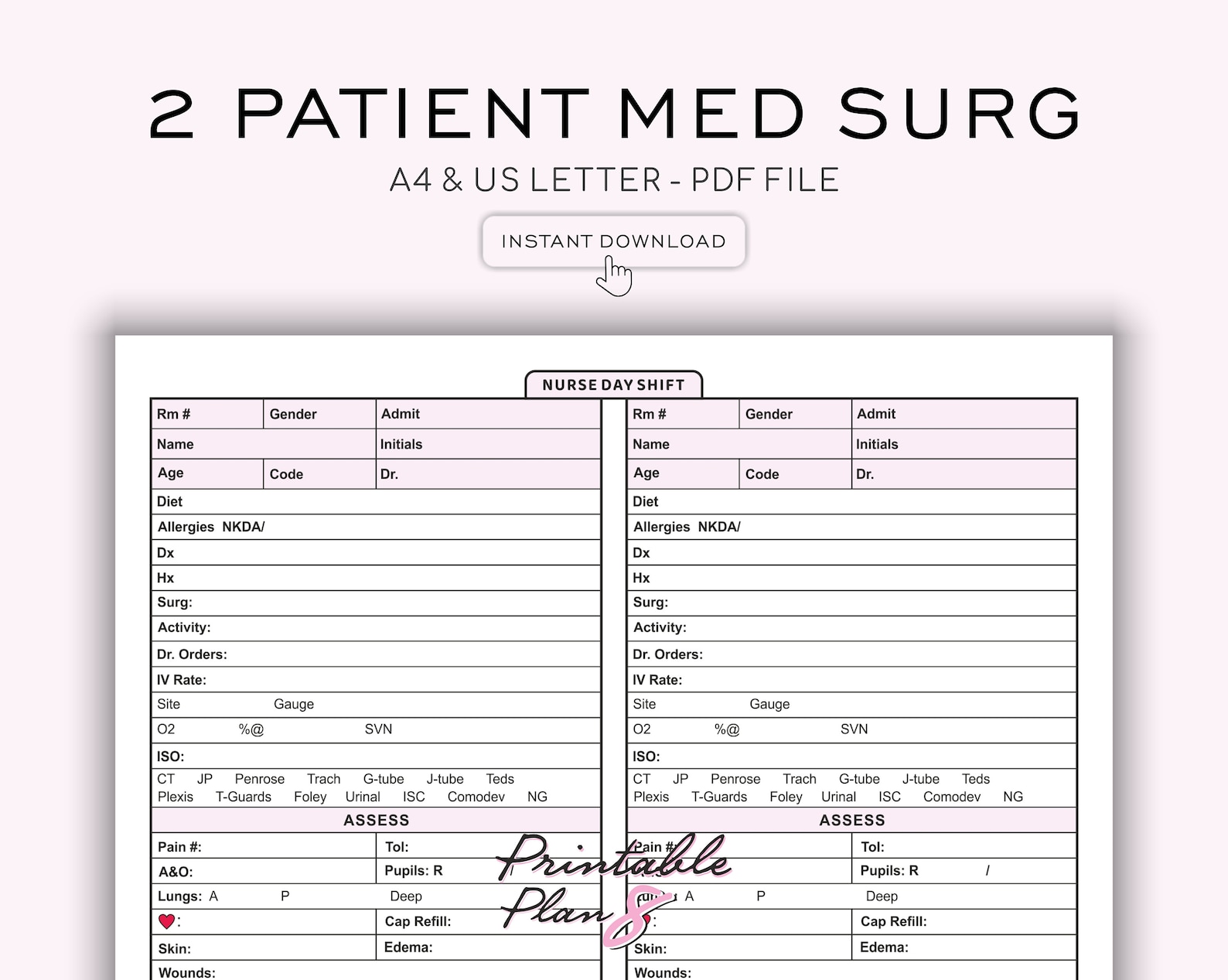 2 Patient Med Surg Nurse Report Sheet, Day or Night Shift, Nursing ...