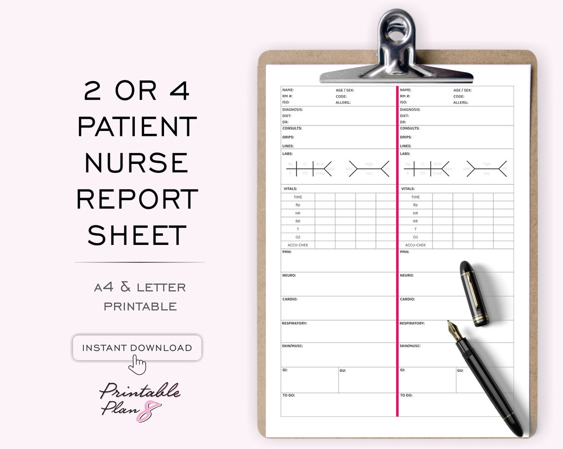 2 or 4 Patient Nurse Report Sheet, Multi Patient Nursing Report Sheet ...