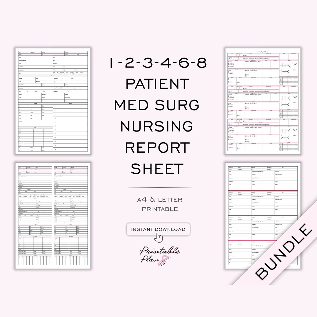 Med Surg Nurse Report BUNDLE, Single and Multi Patient Report Sheet, Rn ...