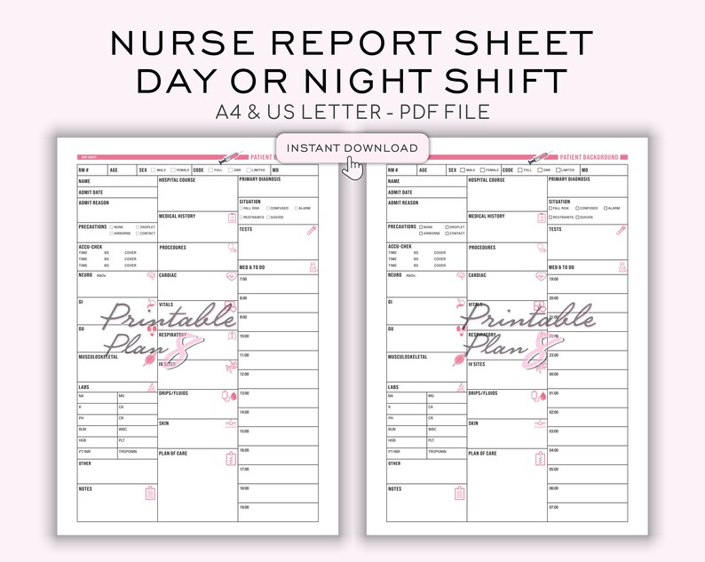 Nurse Report Sheet: Patient Log, Medication Tracker, A4-letter (PDF ...