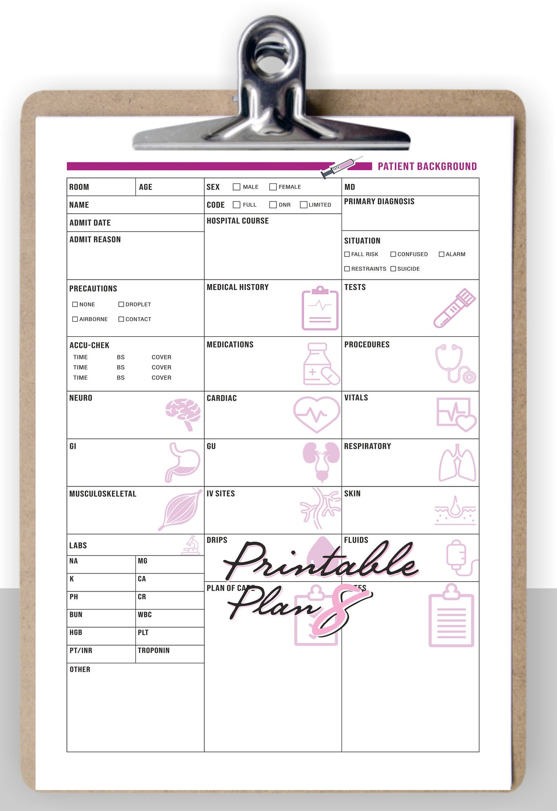 Nurse Report Sheet Patient Background With Icons, Nursing Brain, RN ...
