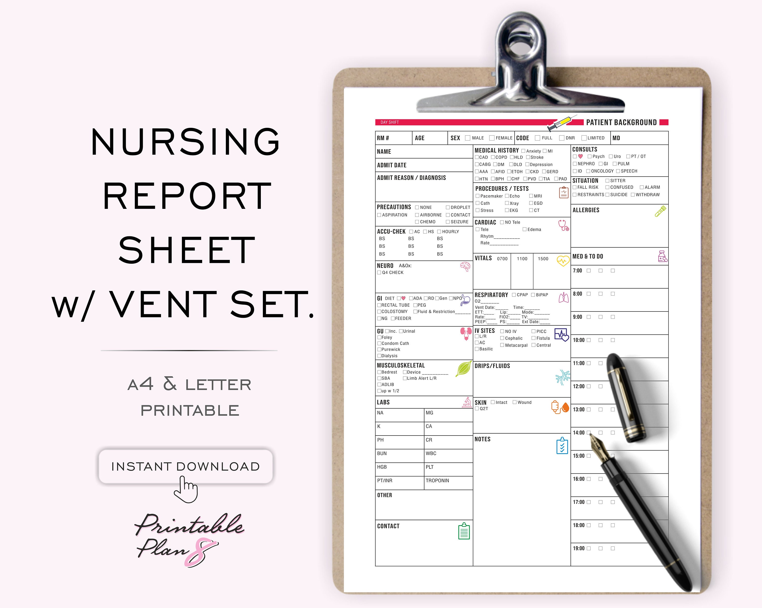 Nurse Report Sheet W/ Vent Set, Single Patient Log, Medication, Day ...