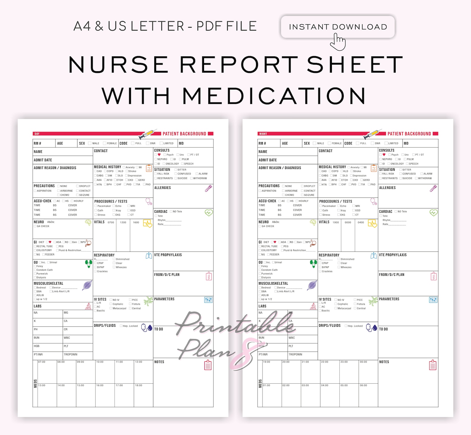 Nurse Report Sheet With Medication Log: Day & Night Shift (PDF) Instant ...