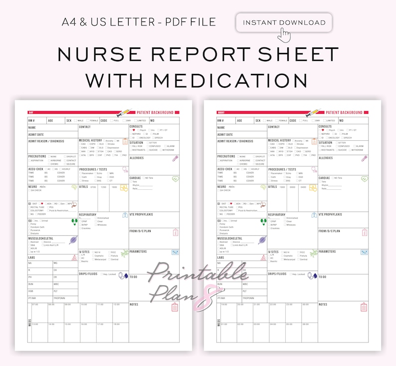 Nurse Report Sheet With Medication Log: Day & Night Shift (PDF) - Etsy