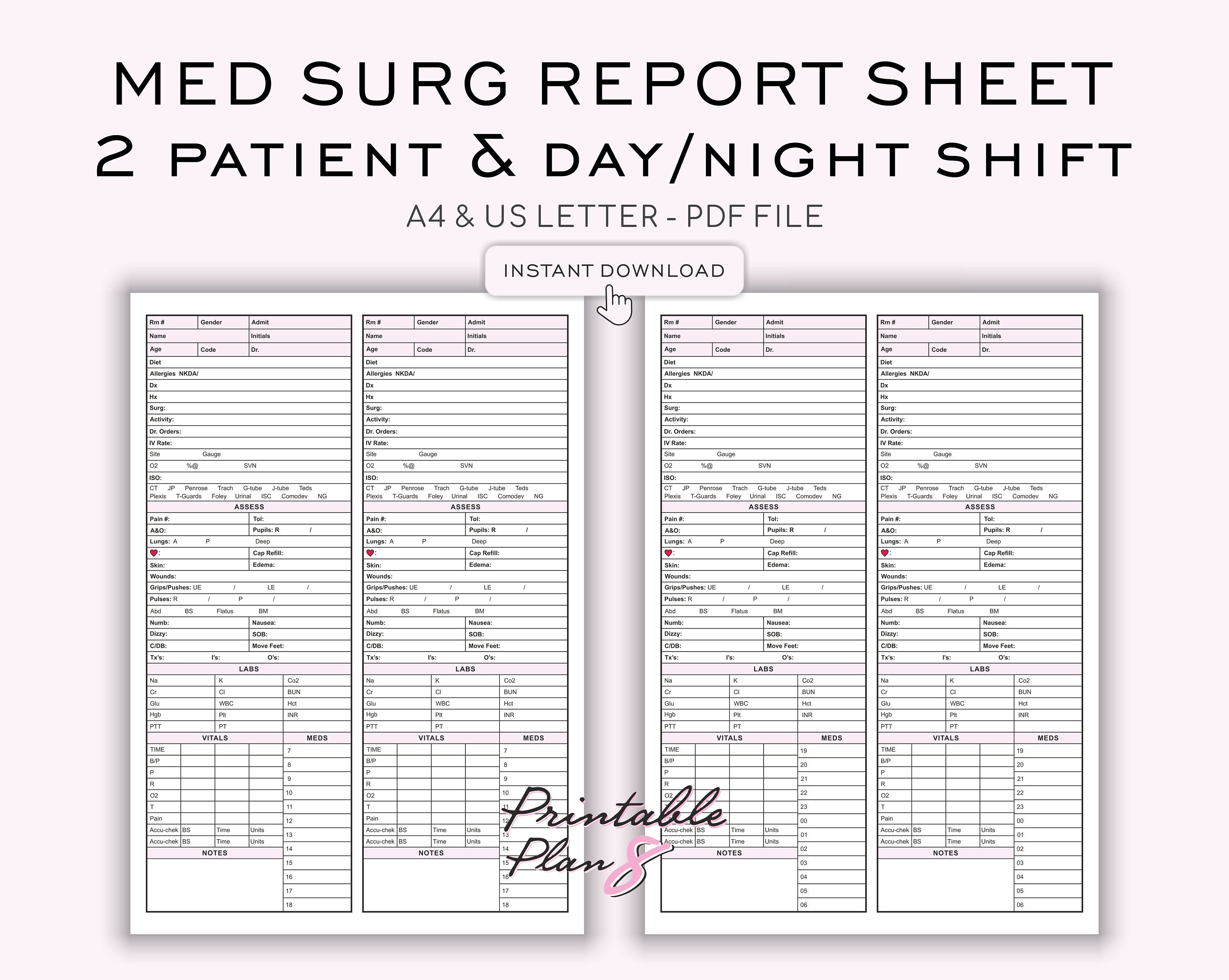 2 Patient Med Surg Nurse Report Sheet, Day or Night Shift, Nursing ...