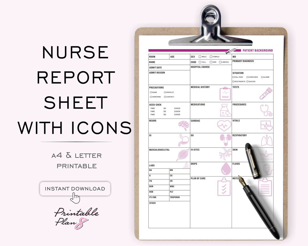 Nurse Report Sheet Patient Background With Icons, Nursing Brain, RN ...