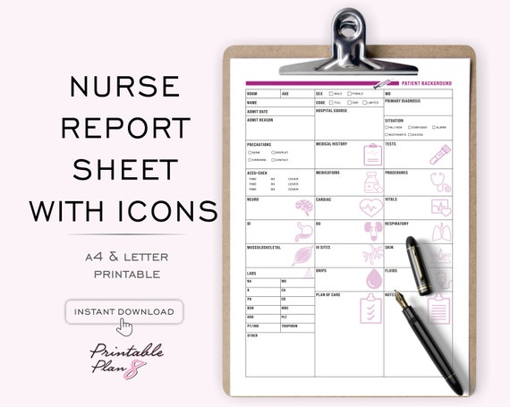 Nurse Report Sheet Patient Background With Icons Nursing | Etsy