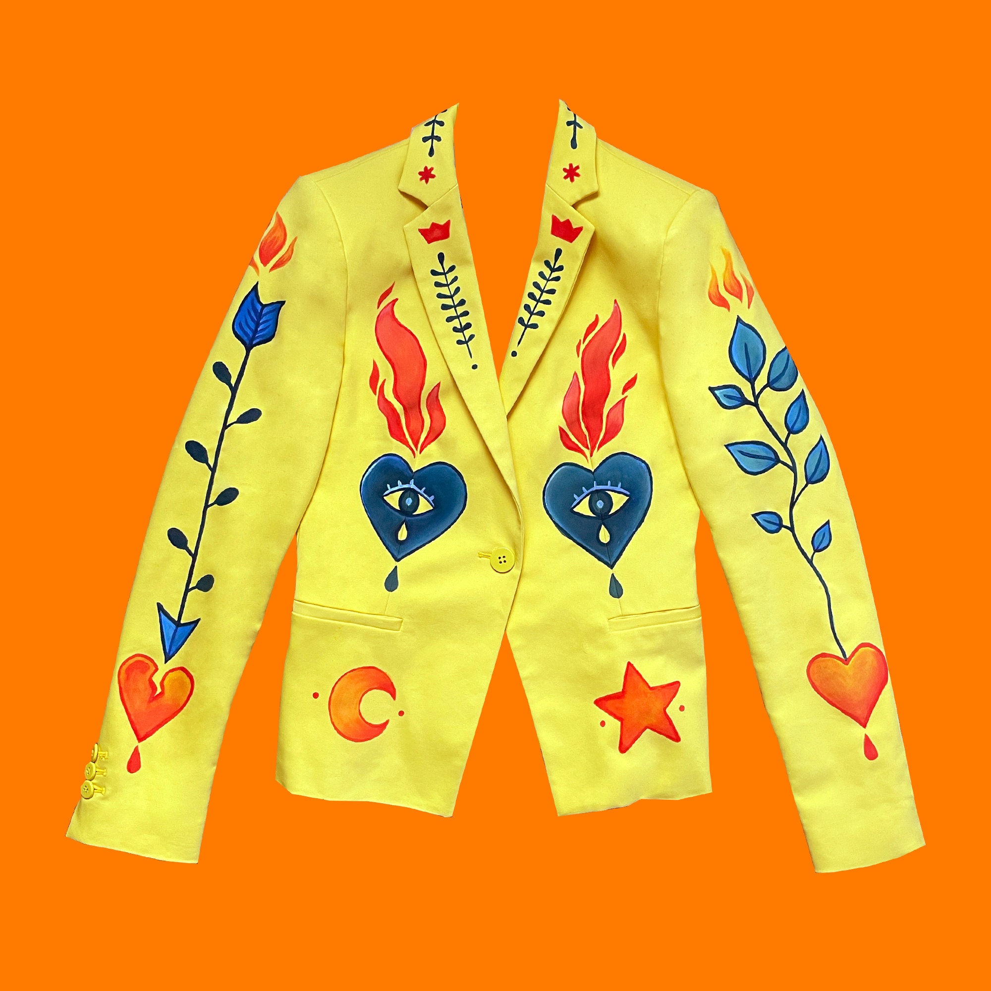 Yellow Hand-painted Blazer With Fire Details jeanne - Etsy