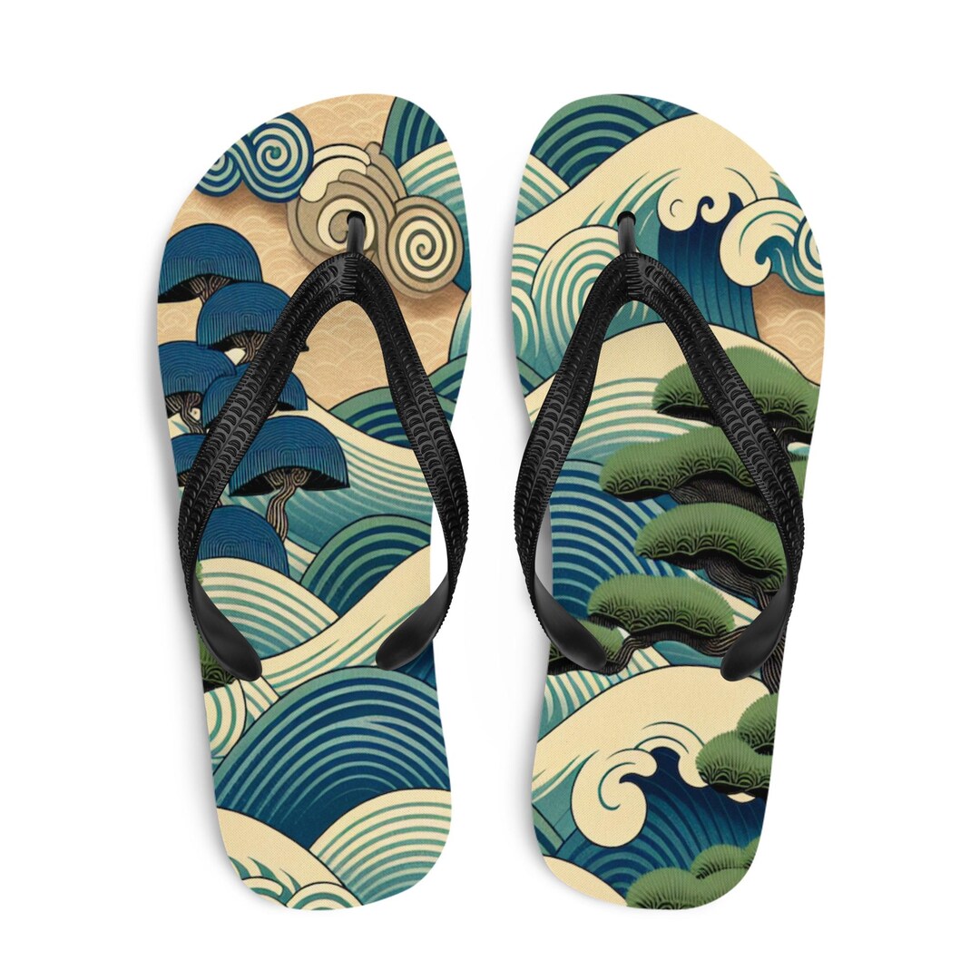 Japanese Wave Flip Flops: Ukiyo-e Ocean Art Sandals - Etsy