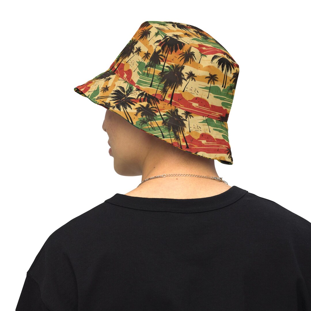 Reversible Bucket Hat With Tropical Sunset Palm & Reggae Record Print ...