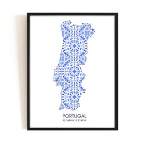 Portugal Map Poster, Portuguese Wall Art, Blue Mediterranean Tile ...