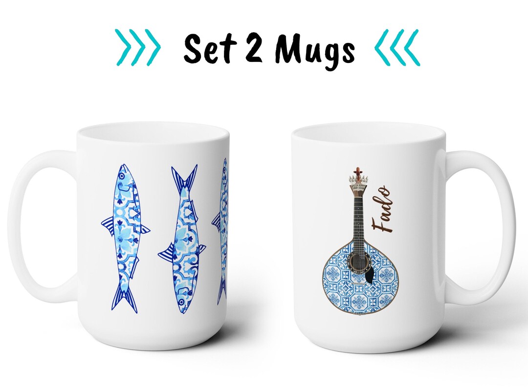 Set 2 Portuguese Tile Mugs, Portugal Sardine Mug, Guitar Fado Mug ...