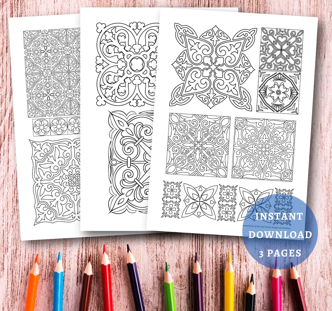 Coloring Portugal Tile Page, 3 Mediterranean Mosaic Pages A4 to Color ...