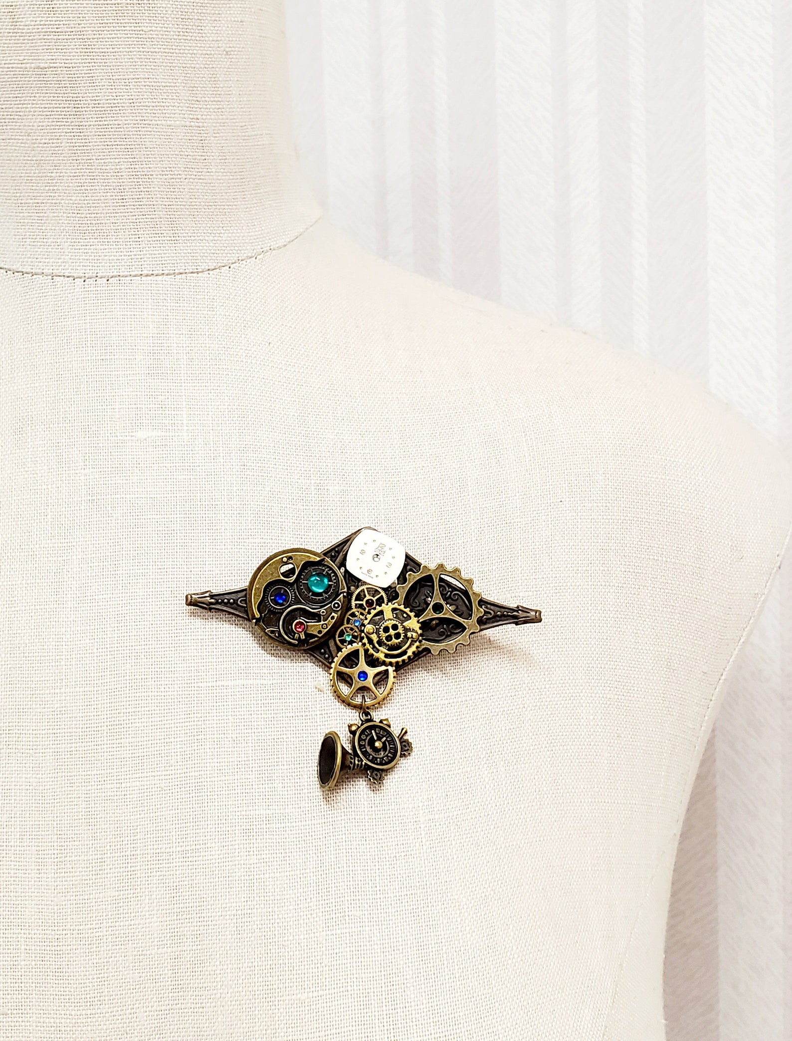 Steampunk Brooch in Antique Brass Tone With Gears, Crystals, Watch Face ...