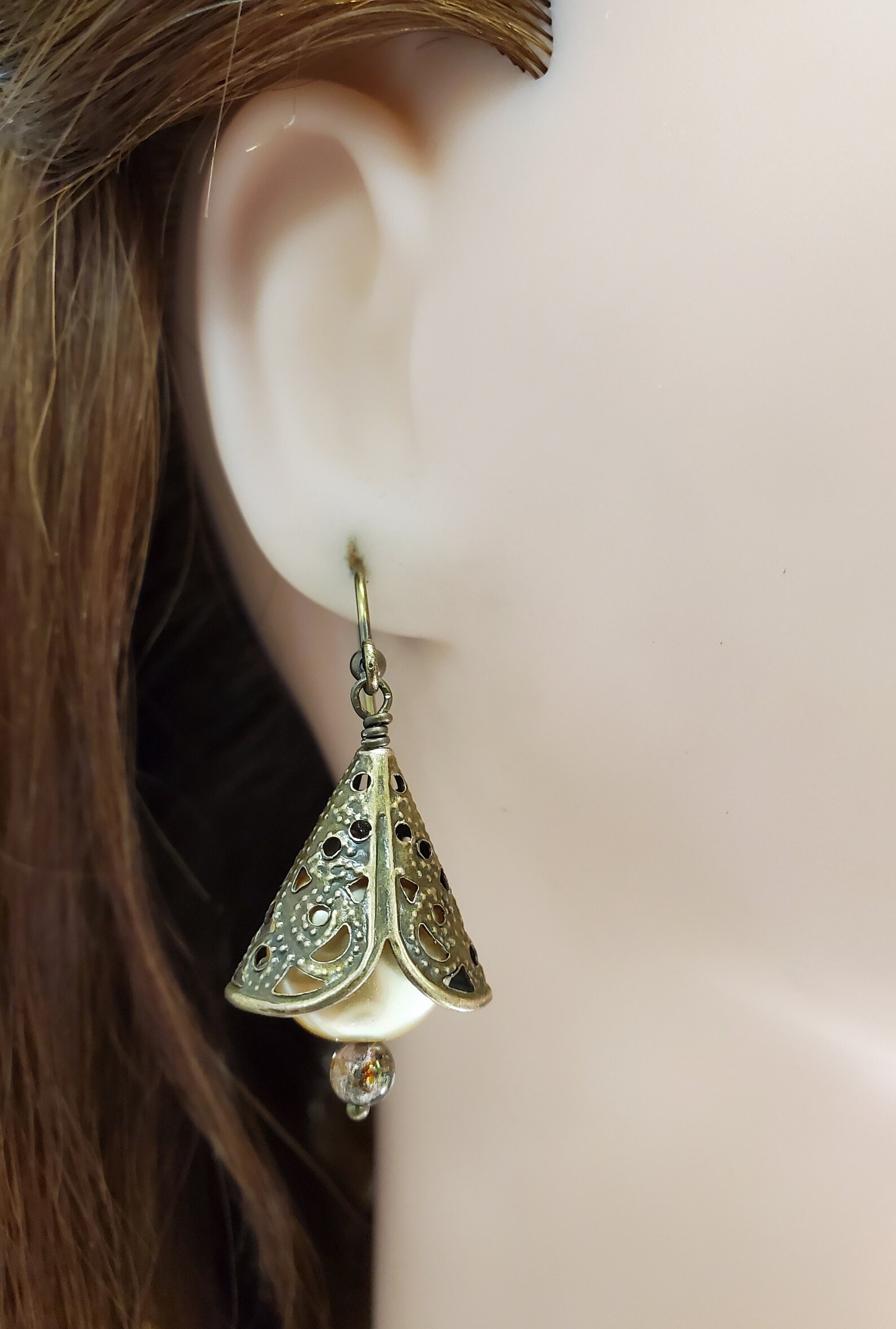 Cone & Coin Pearl Earrings Have a Pierced and Beaded Antique Brass ...